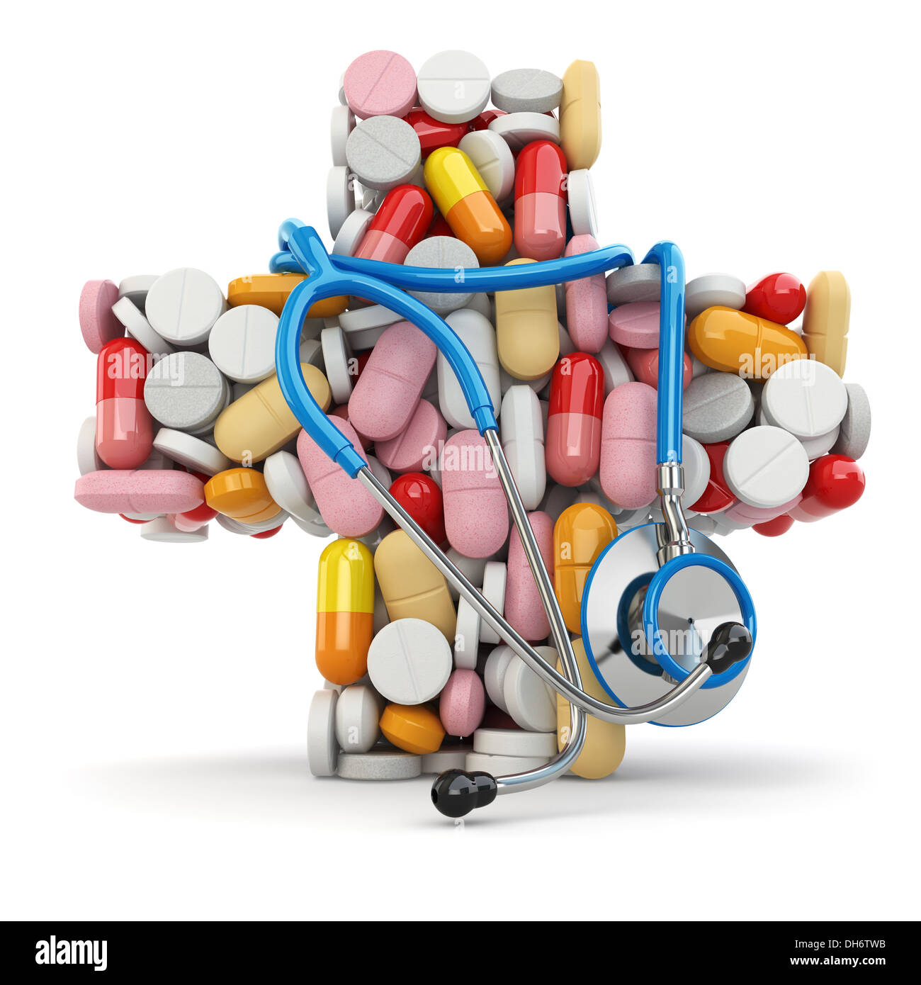 Concept of medicine. Cross from drugs and stethoscope. 3d Stock Photo ...