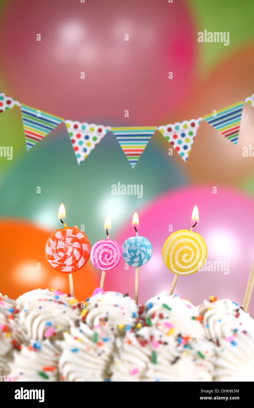 Happy Birthday Celebration with Balloons Candles and Cake Stock Photo ...