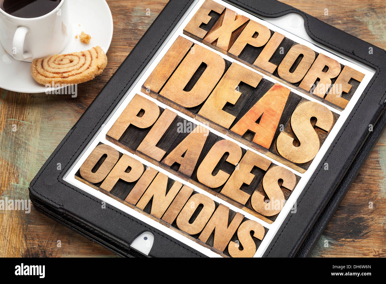 explore ideas, places and opinions - motivational words in vintage wood ...