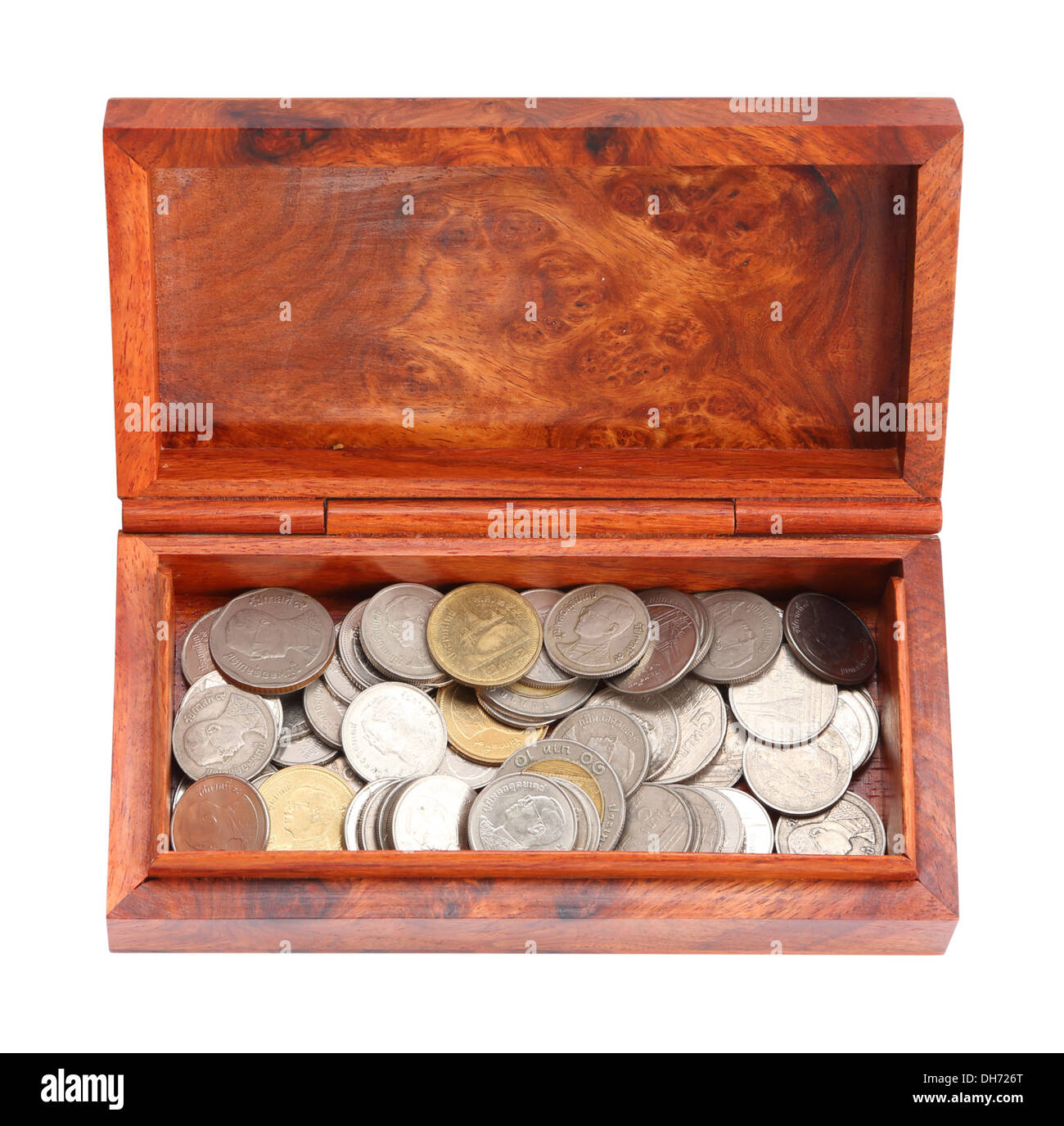 opened wooden moneybox with coins on white background (with clipping ...