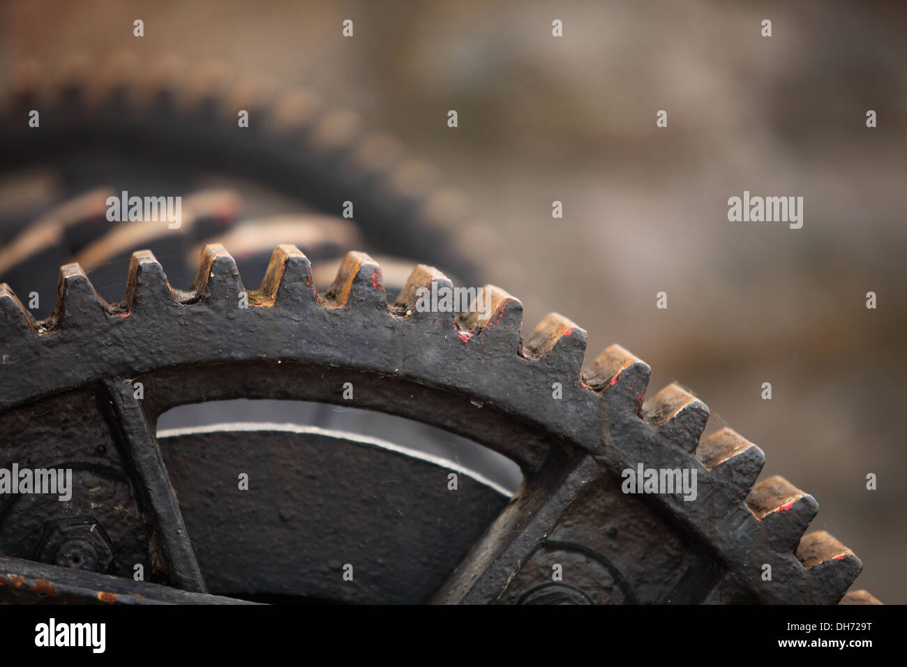 Close up steel cog wheels metal gears mechanical ratchets machine part ...