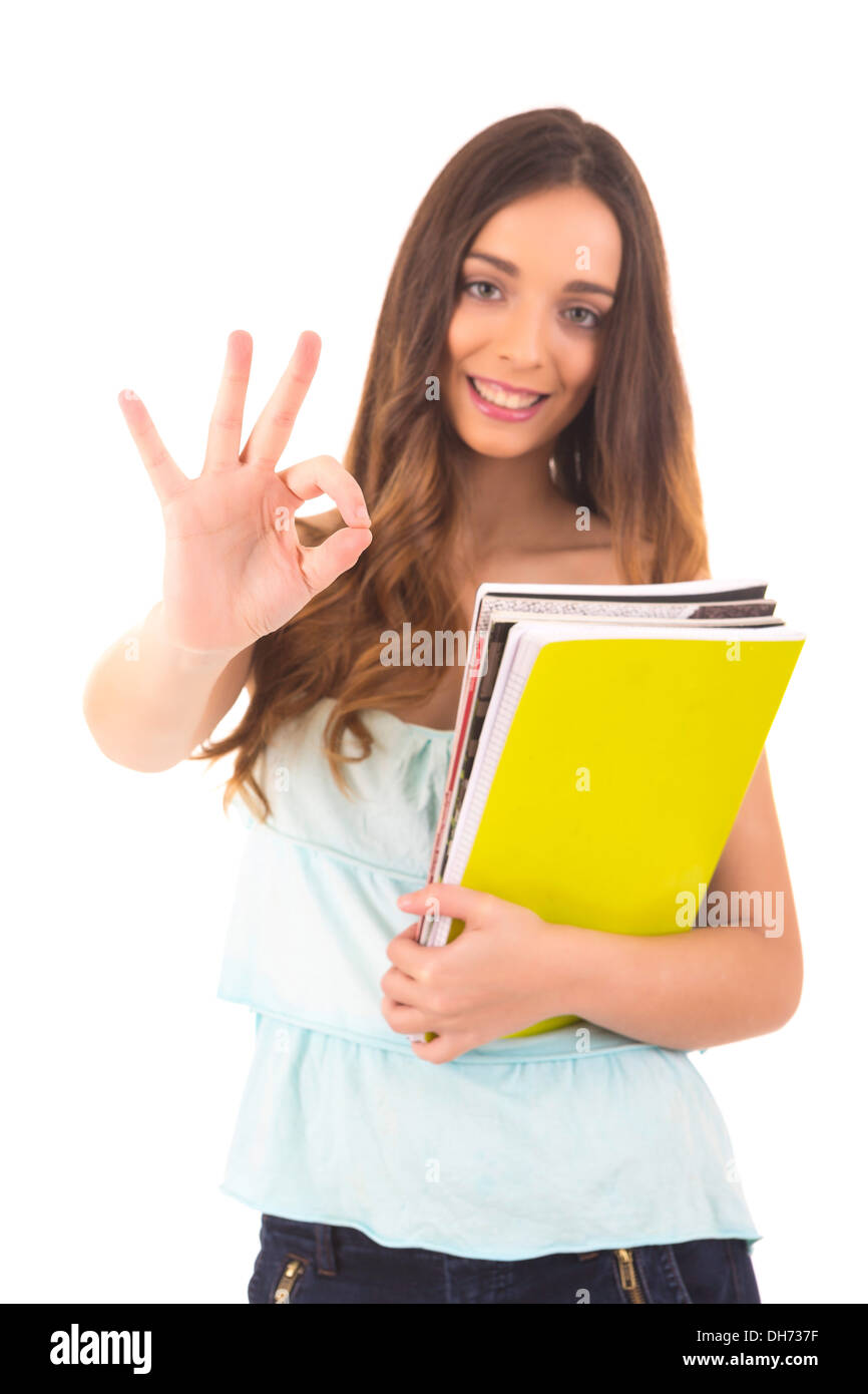 Happy young student expressing positivity sign, isolated over white ...