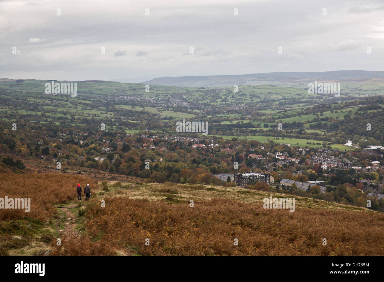 The view of Ilkley town in Yorkshire taken from the top of Ilkley Moor ...