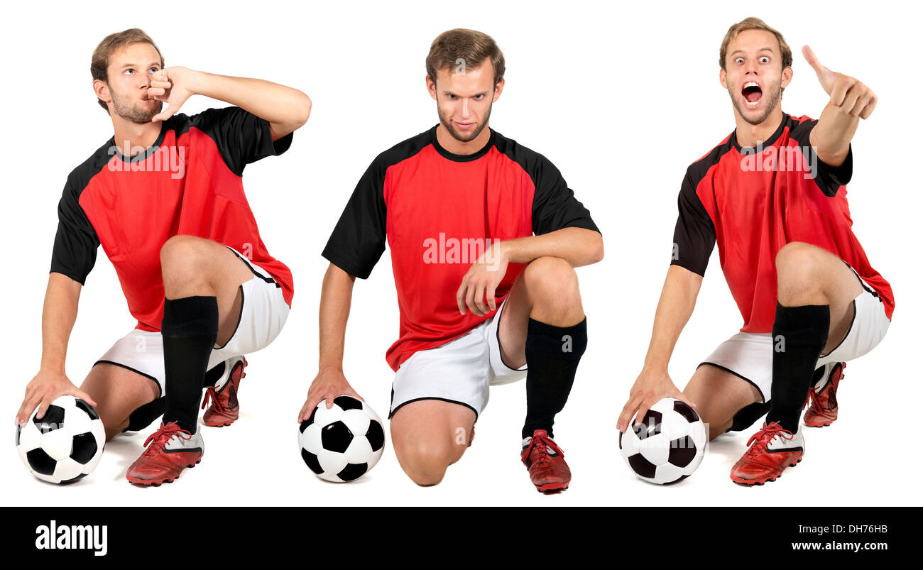 Happy football player isolated in white in several positions Stock ...