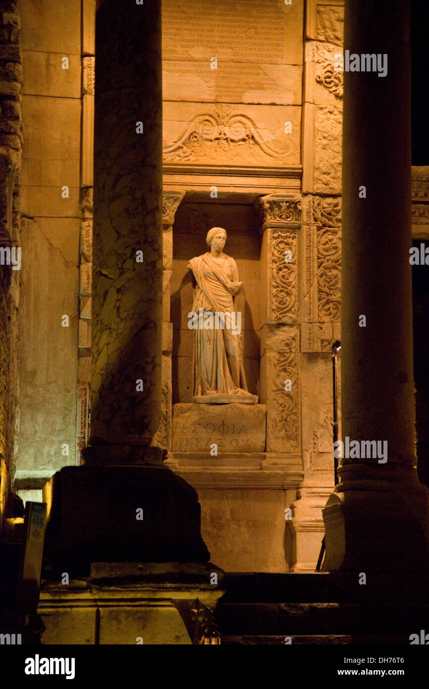 Detail from the wall of the Ancient Library of Ephesus, lit up by night ...