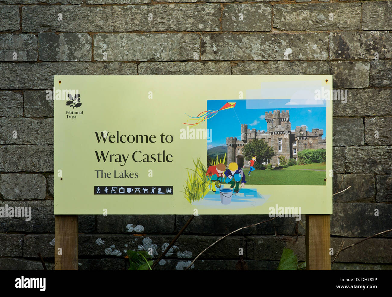 Sign welcoming visitors to Wray Castle, Lake District National Park ...