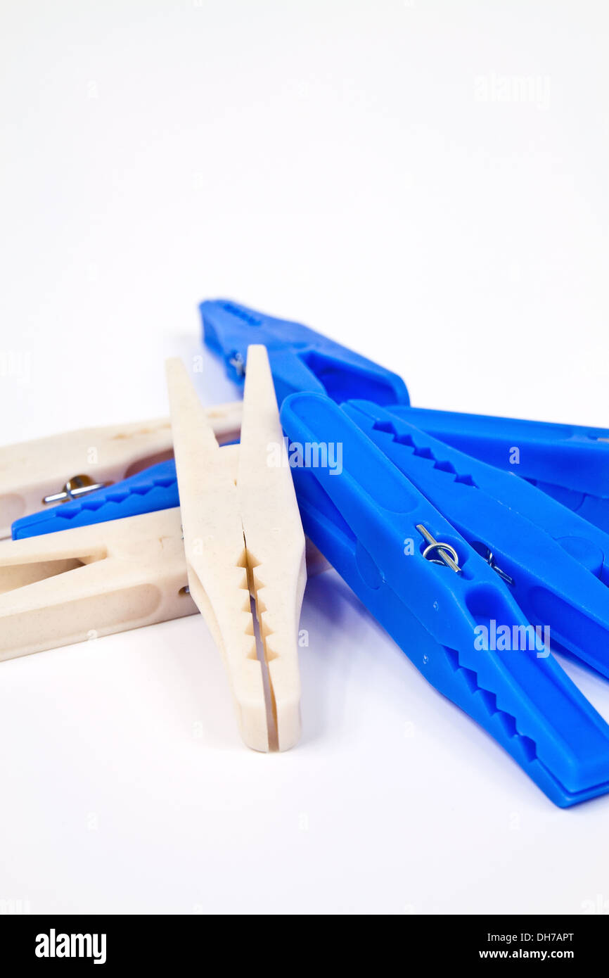 Colored plastic clothes pegs isolated on white background Stock Photo ...