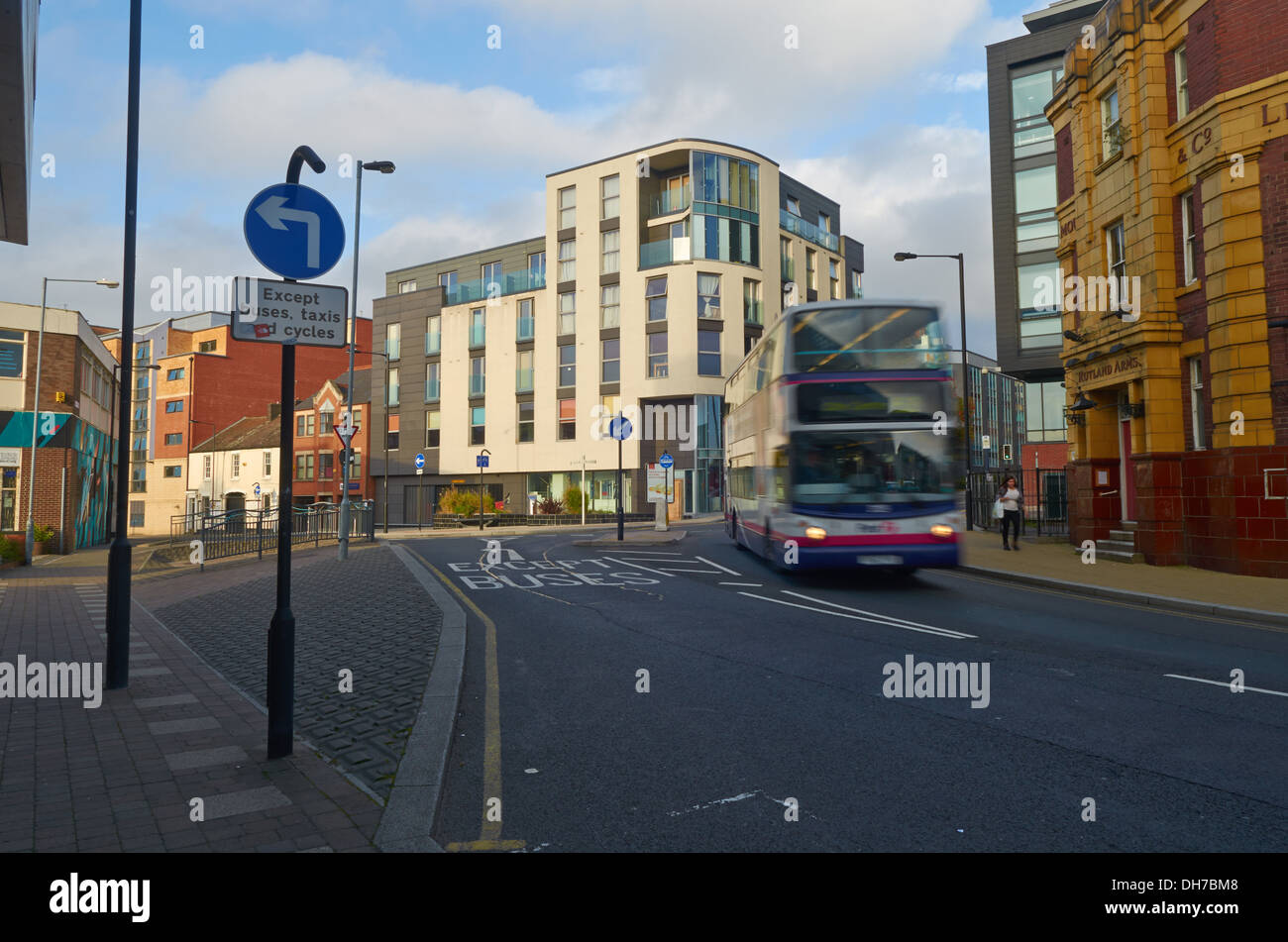 Public transports & typical city centre scene from Sheffield, England ...
