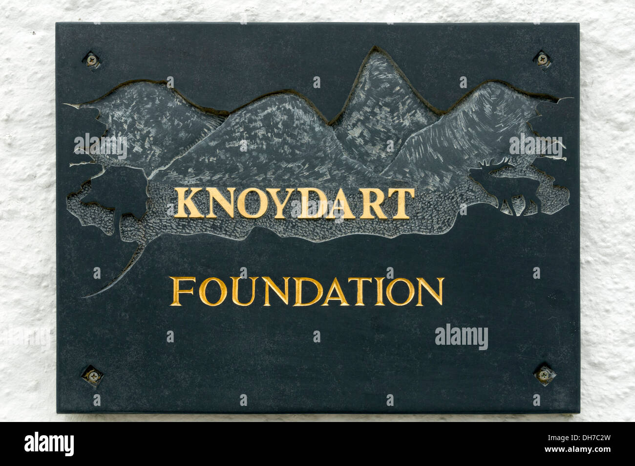 Carved stone sign on the Knoydart Foundation office at Inverie on the ...