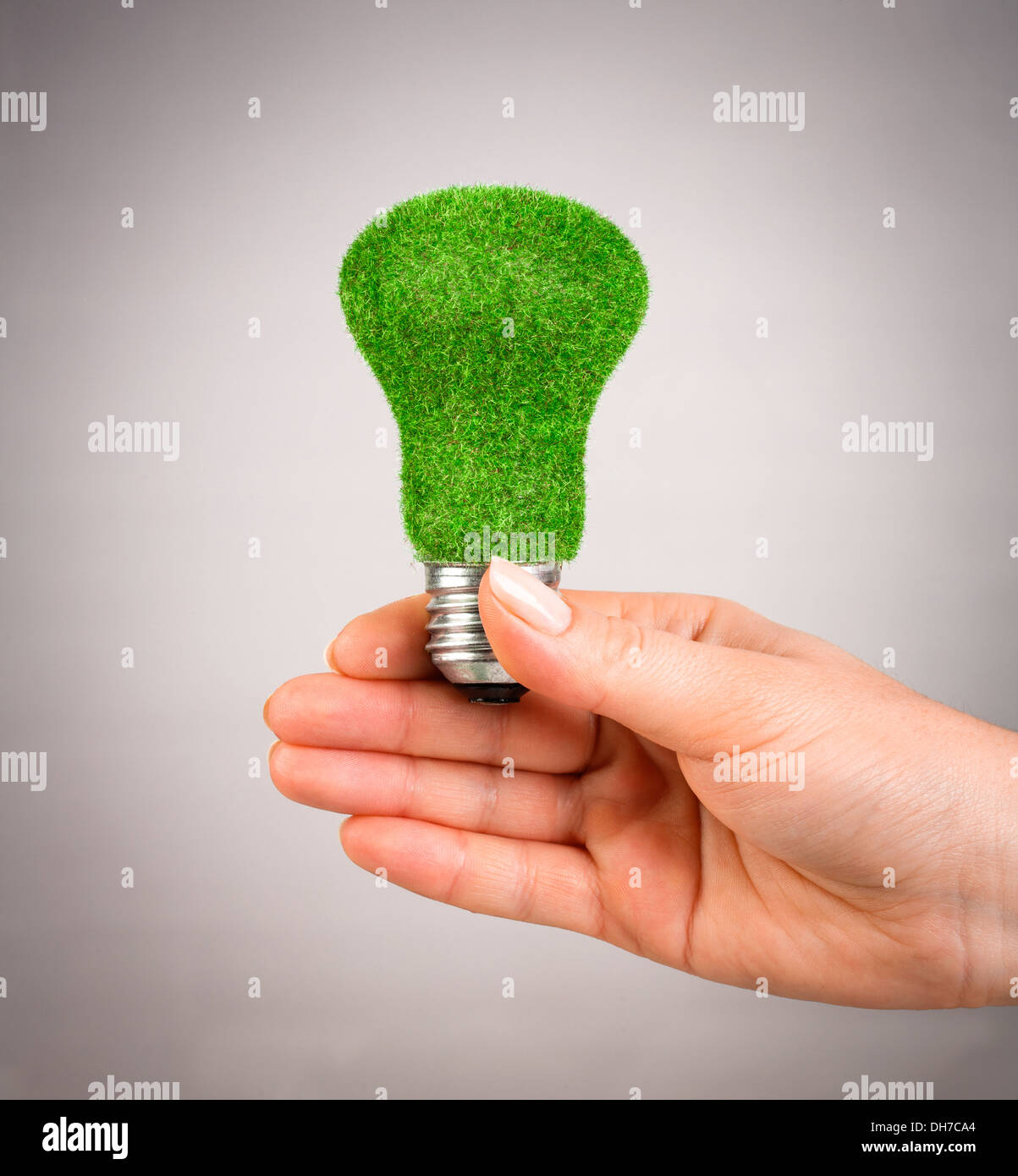 Eco light bulb in hand on gray background Stock Photo - Alamy