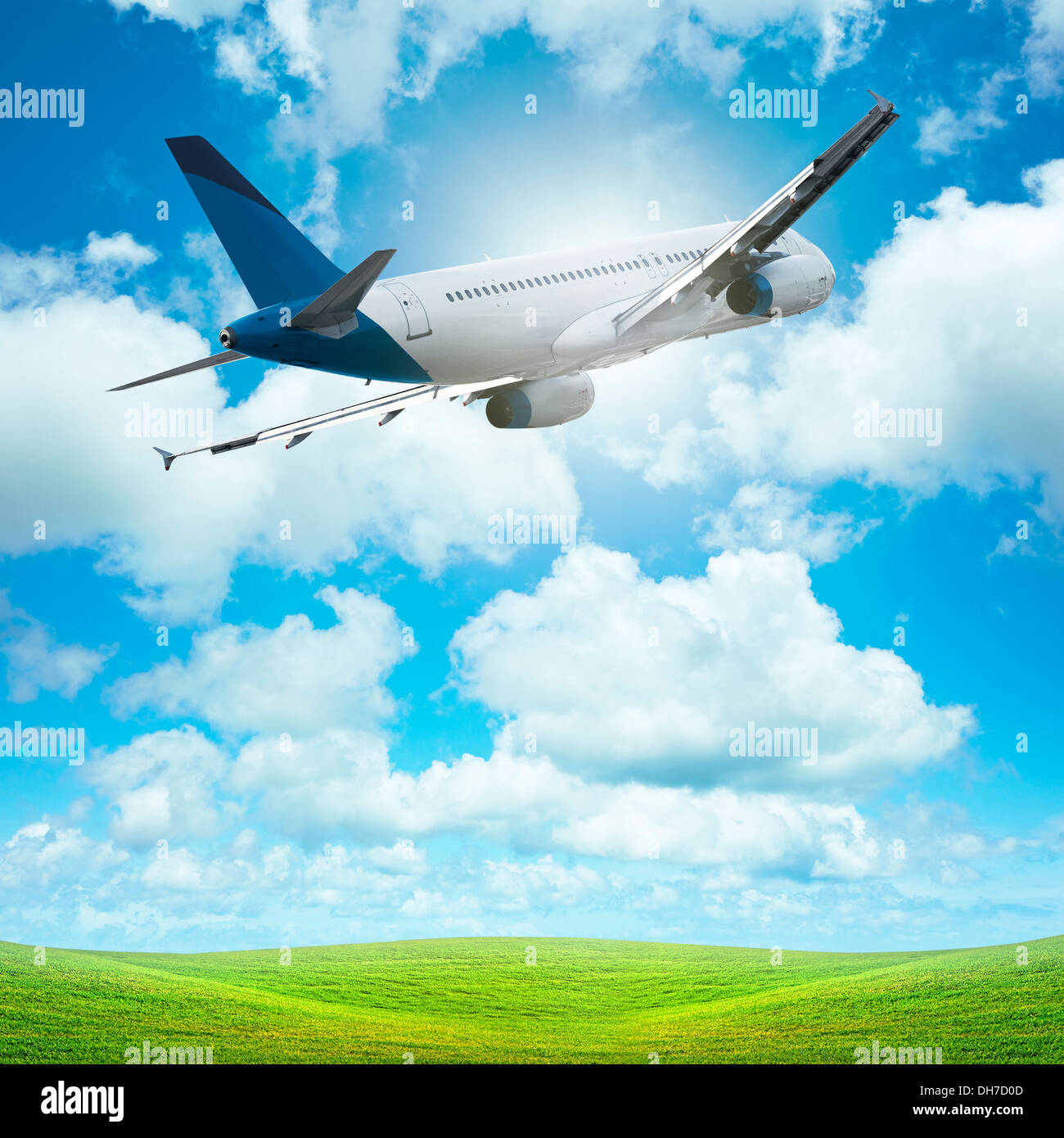 Jet plane over the field of green Stock Photo - Alamy