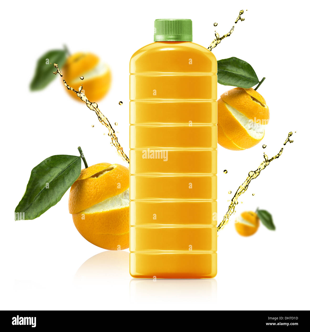 Orange juice in a plastic container jug with fresh orange and leaves on ...