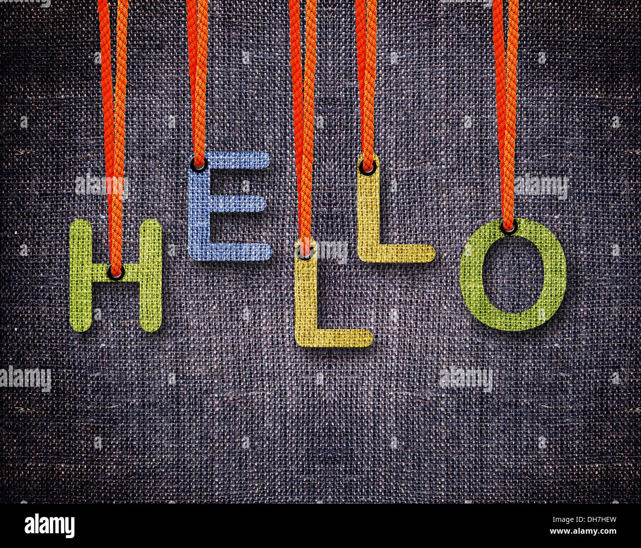 Hello Letters hanging strings with blue sackcloth background Stock ...