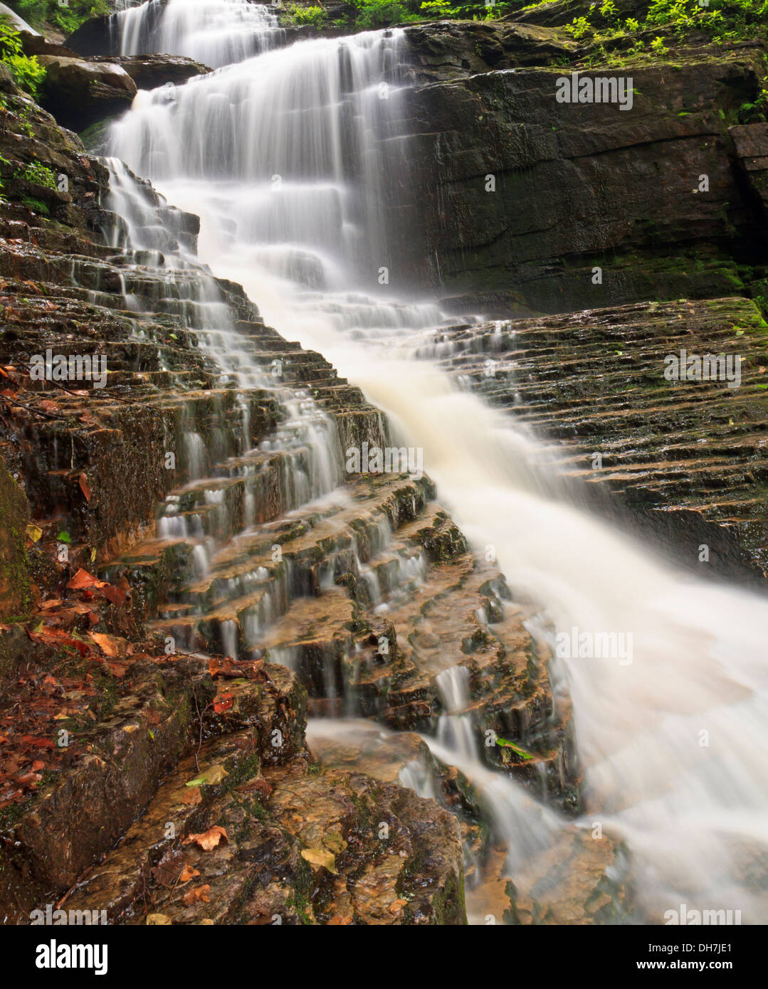 Water cascades over layers of rock and dead leaves at Lye Brook Falls ...