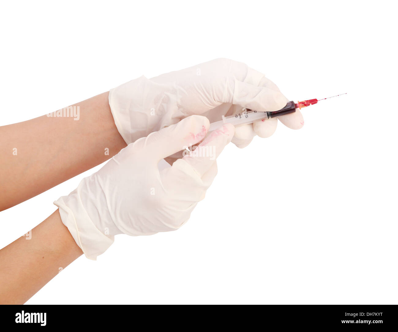 syringe with blood in hand on white background (with clipping path ...