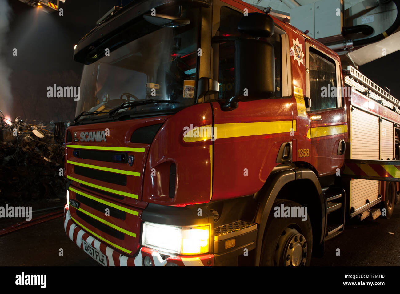 Fire Engine Truck UK at Night Flames & Rescue Stock Photo - Alamy