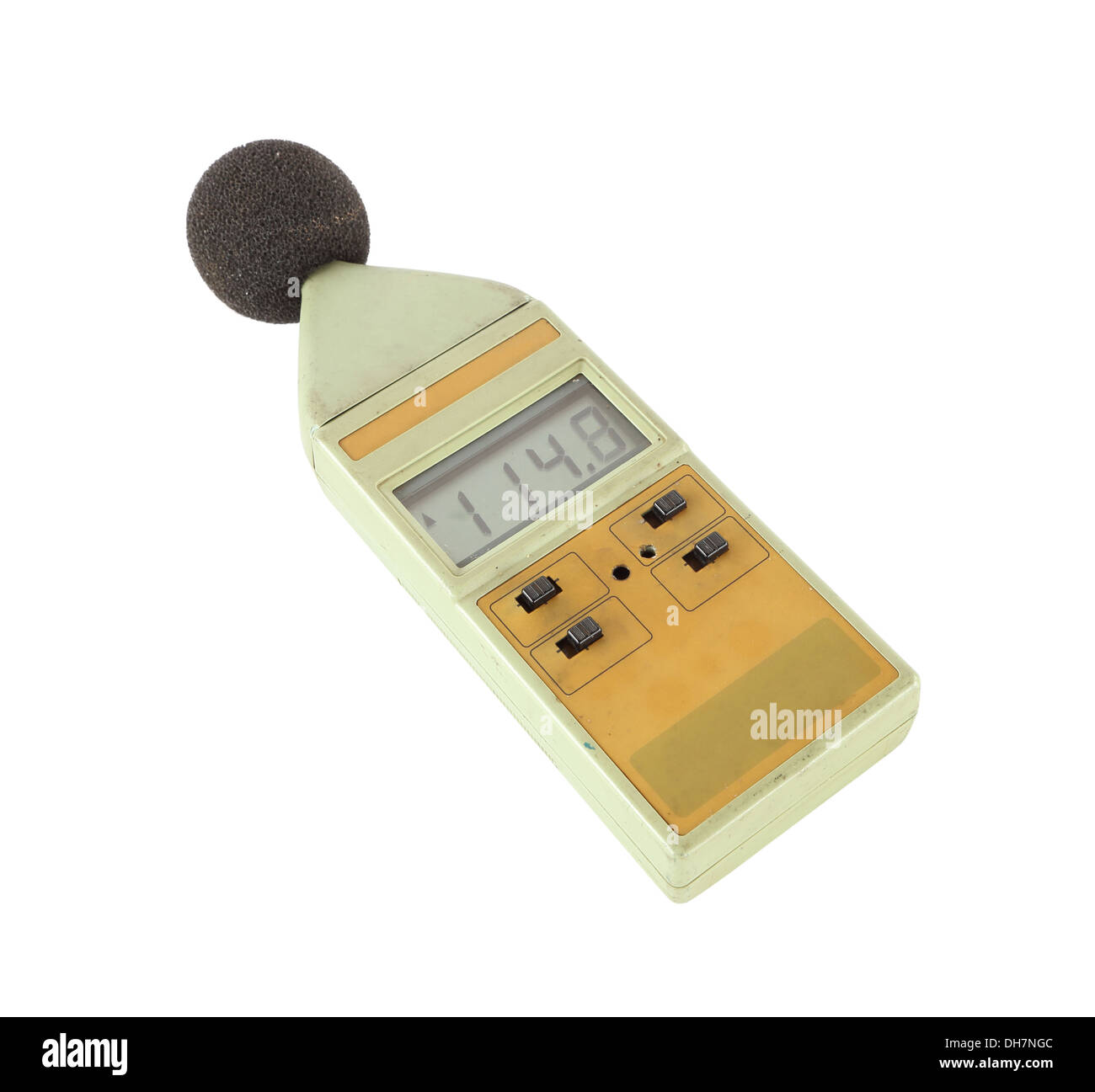 old sound level meter (display show high level) on white background ...