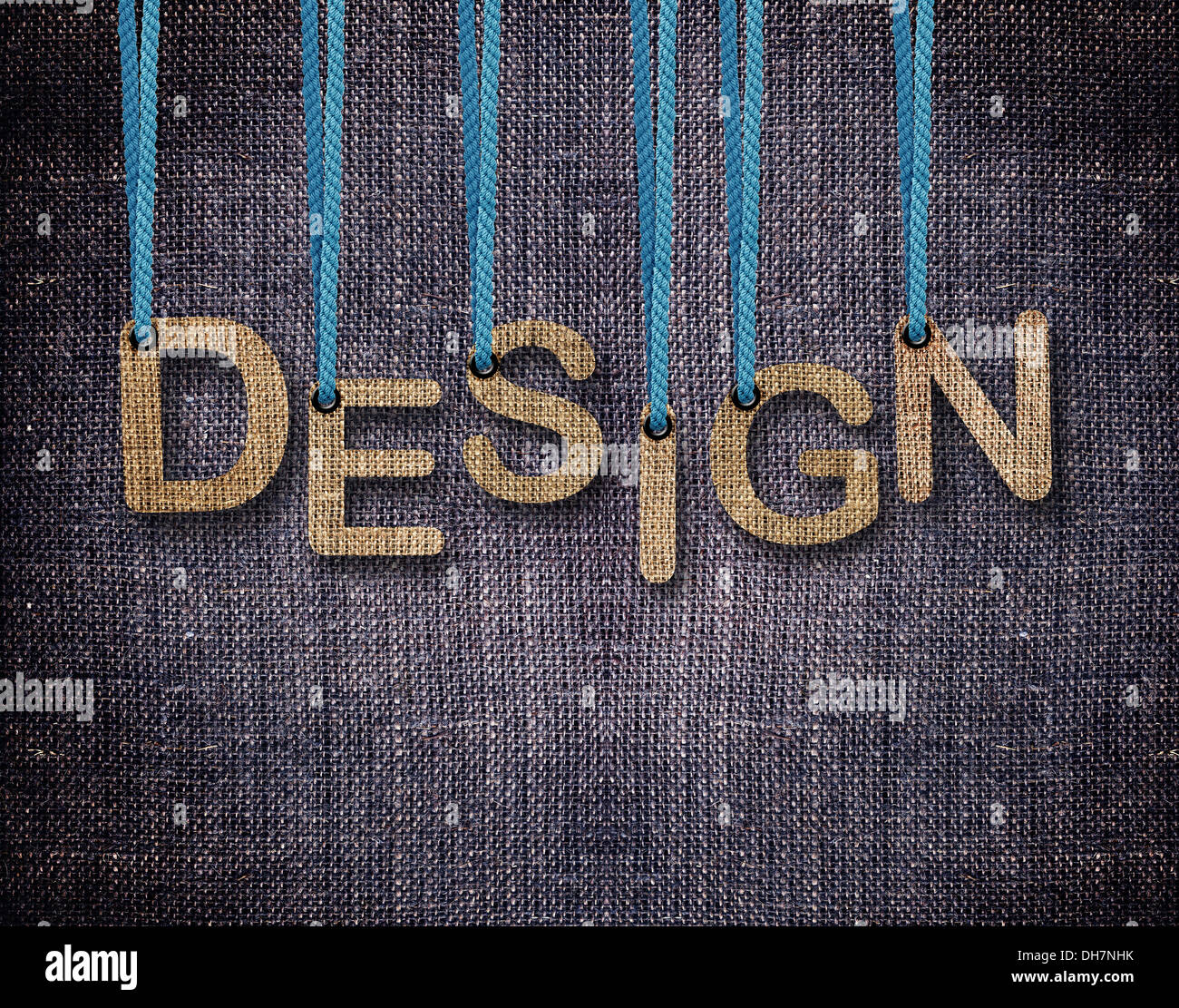 Design Letters hanging strings with blue sackcloth background Stock ...