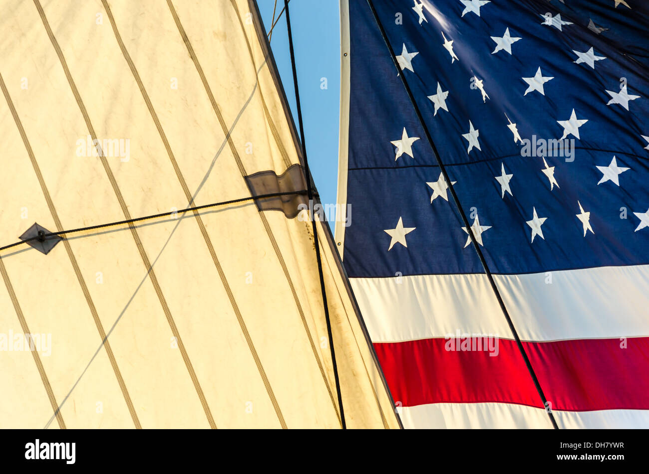 American Flag next to a sail and rigging Stock Photo - Alamy