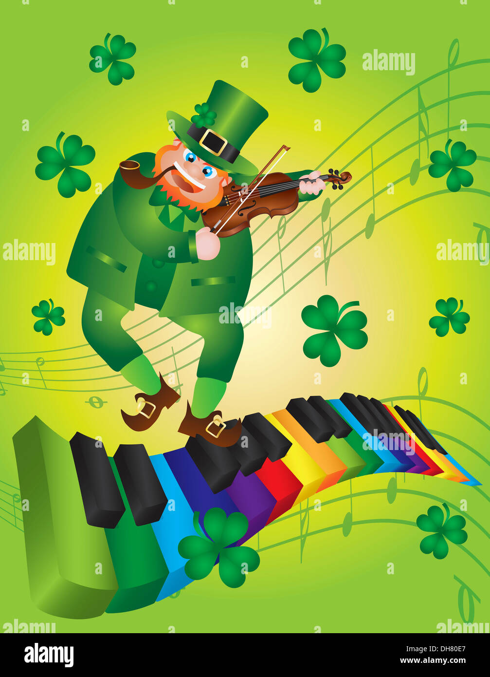 St Patricks Day Leprechaun Playing Violin Dancing on Rainbow Colors ...