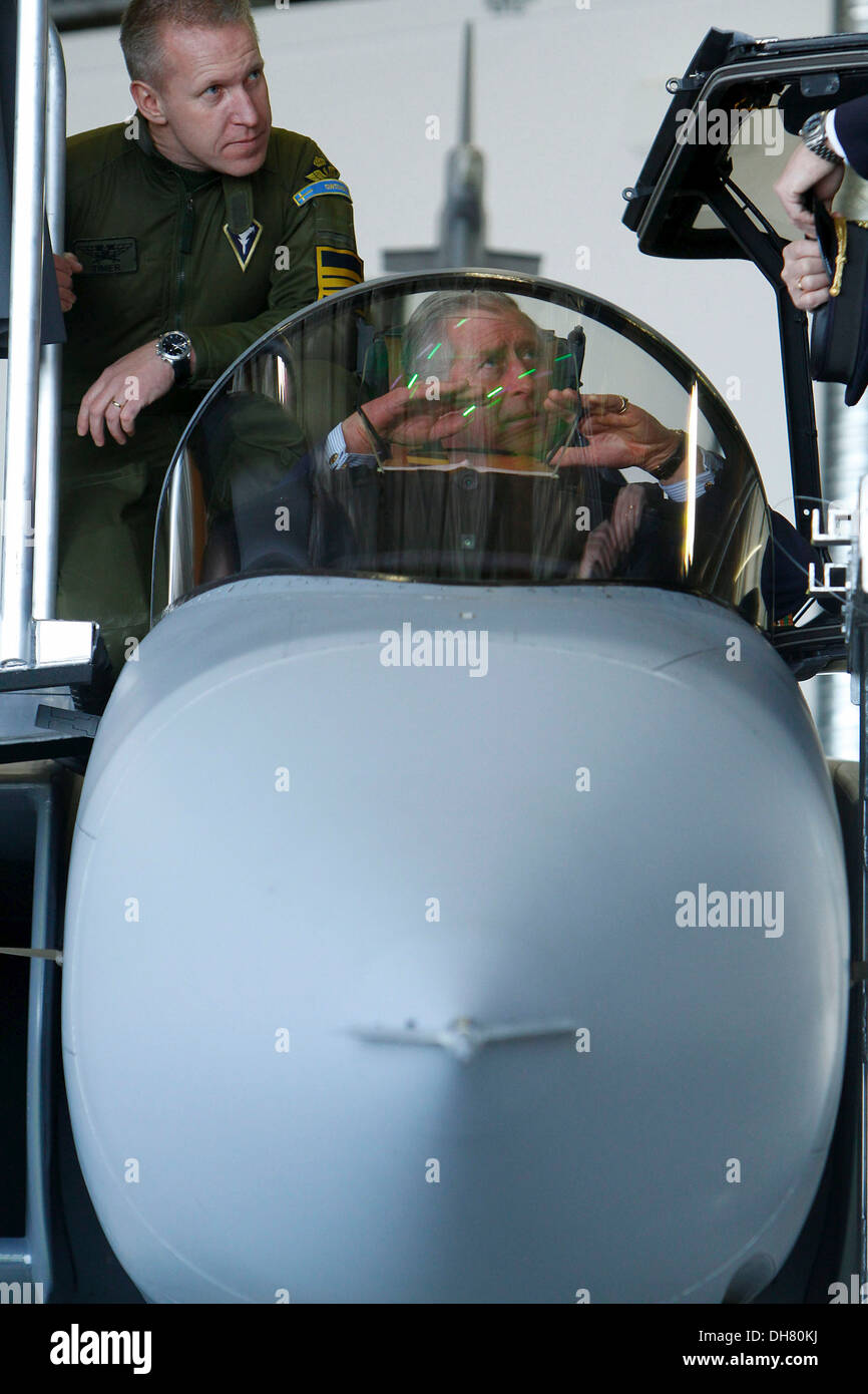 Prince Charles Prince of Wales visits Gripen aircraft hangar adjacent ...