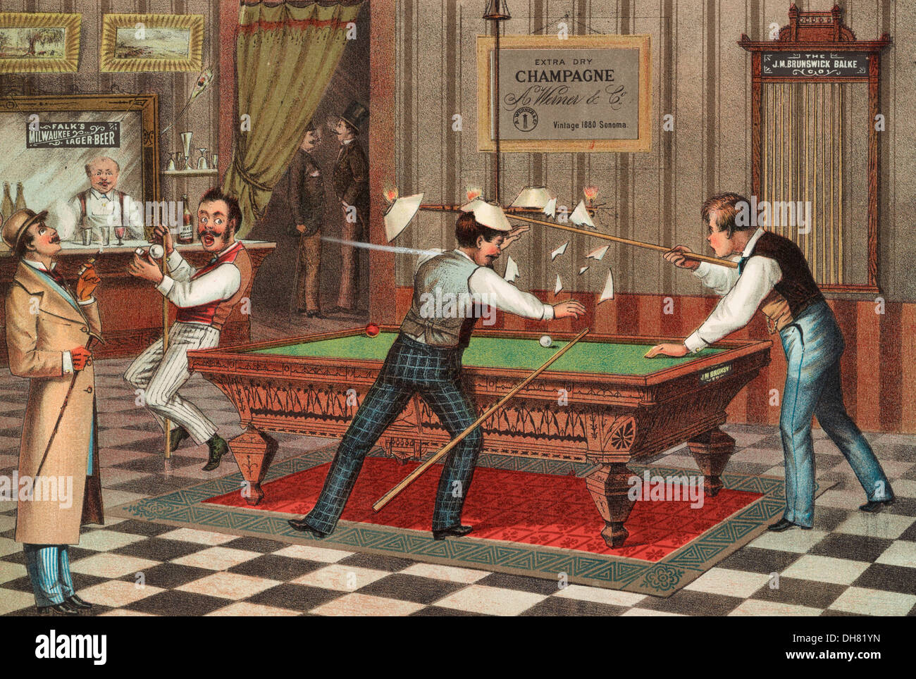 A carom off the Chandelier - a pool shot goes astray, circa 1882 Stock ...