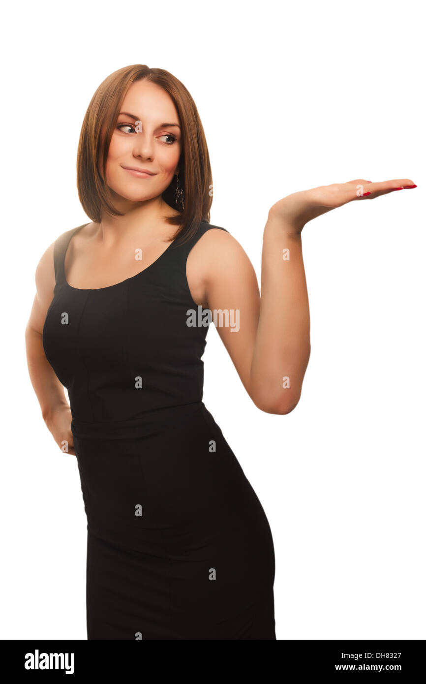 portrait happy young blond woman showing open hand holding in black ...