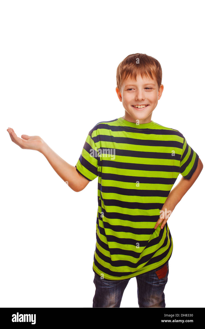 teenager boy blond child open hand palm isolated on white background ...
