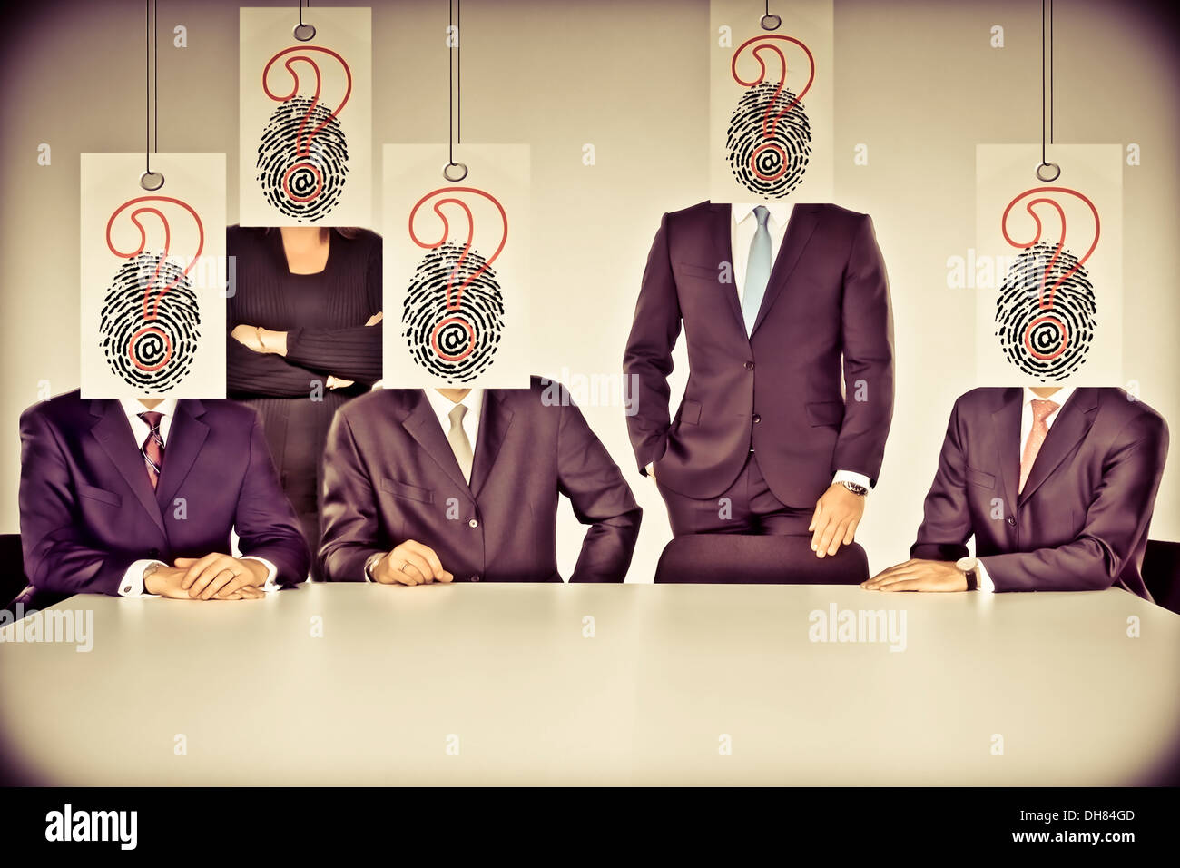 Portrait of people behind interrogation symbol Stock Photo - Alamy