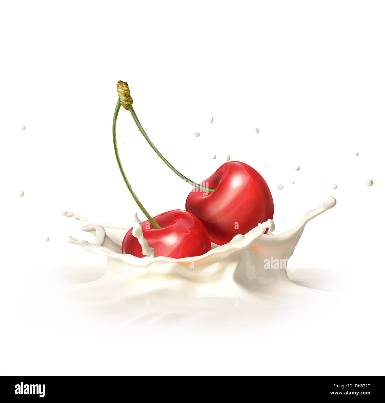 Two red cherries falling into milk forming a crown splash. On white ...