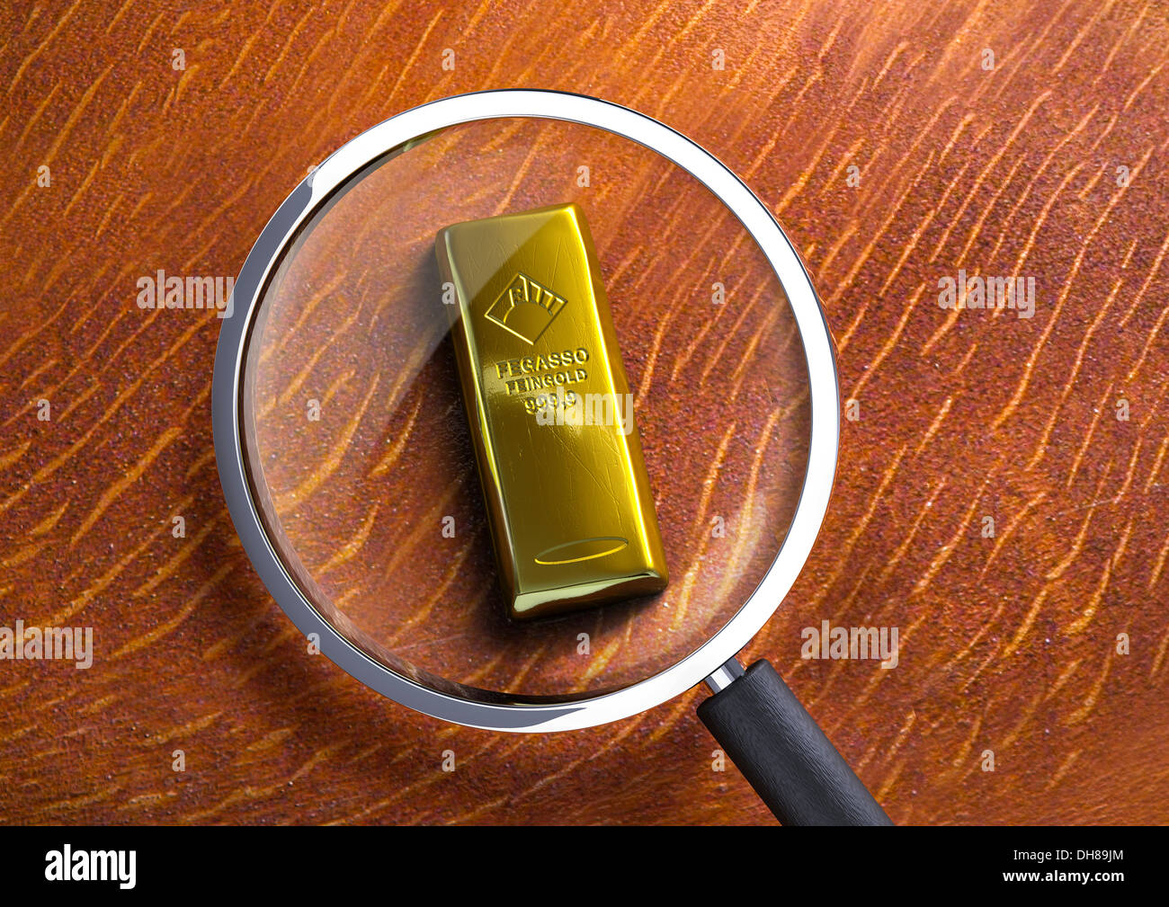 Gold bar under a magnifying glass, 3D rendering, illustration Stock ...