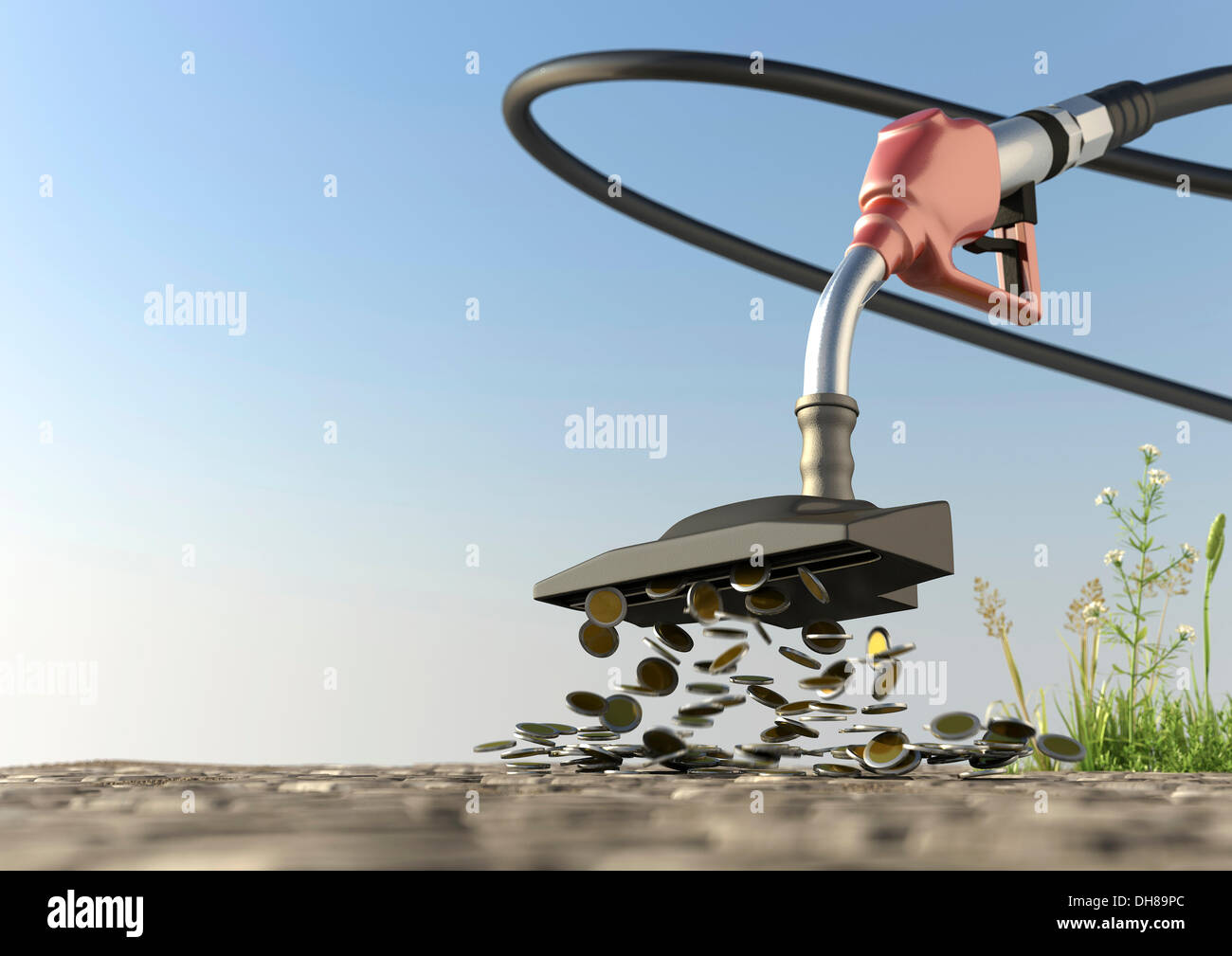 Nozzle of a petrol station hoovering up coins, 3D illustration Stock ...