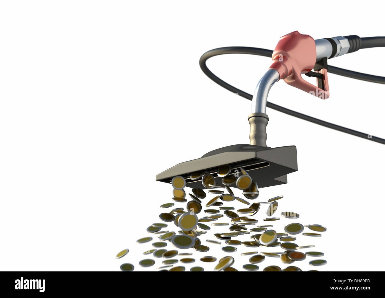 Nozzle of a petrol station hoovering up coins, 3D illustration Stock ...