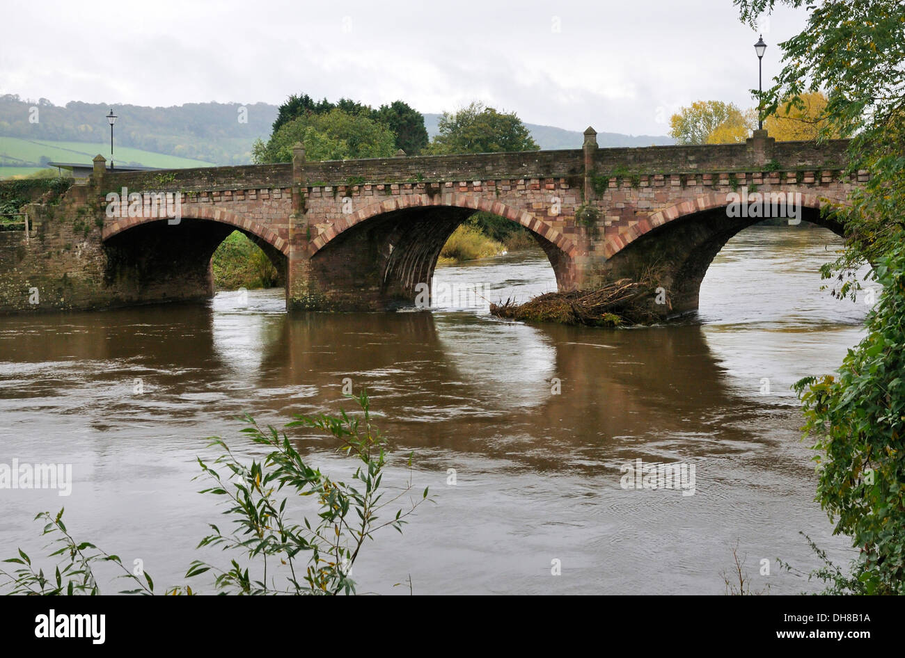High water level on River Wye at Monmouth Bridge Stock Photo - Alamy