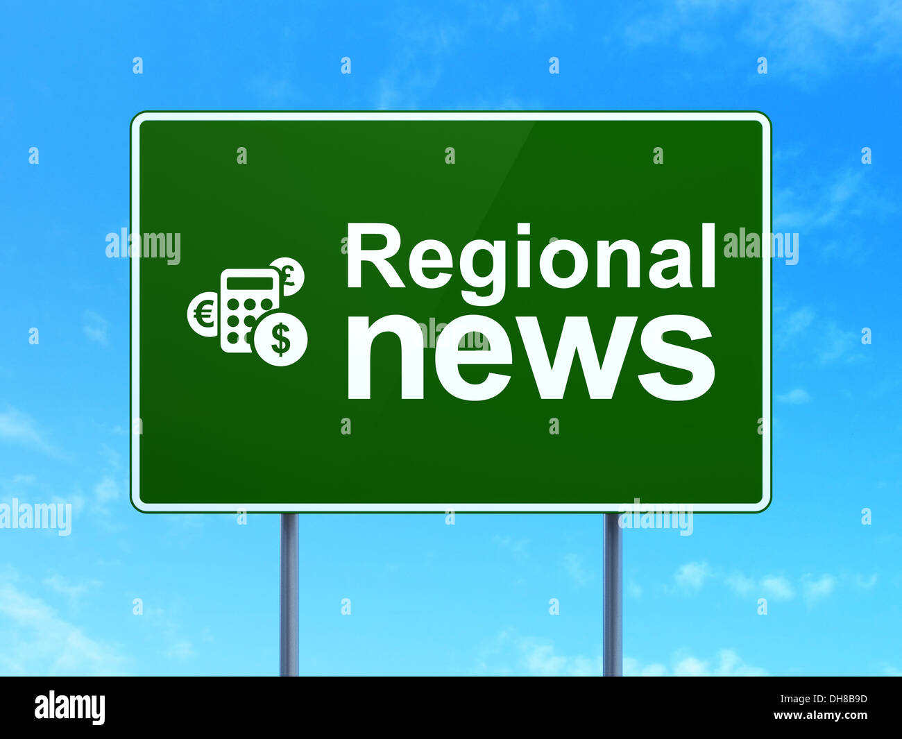 Regional News and Calculator on road sign Stock Photo - Alamy