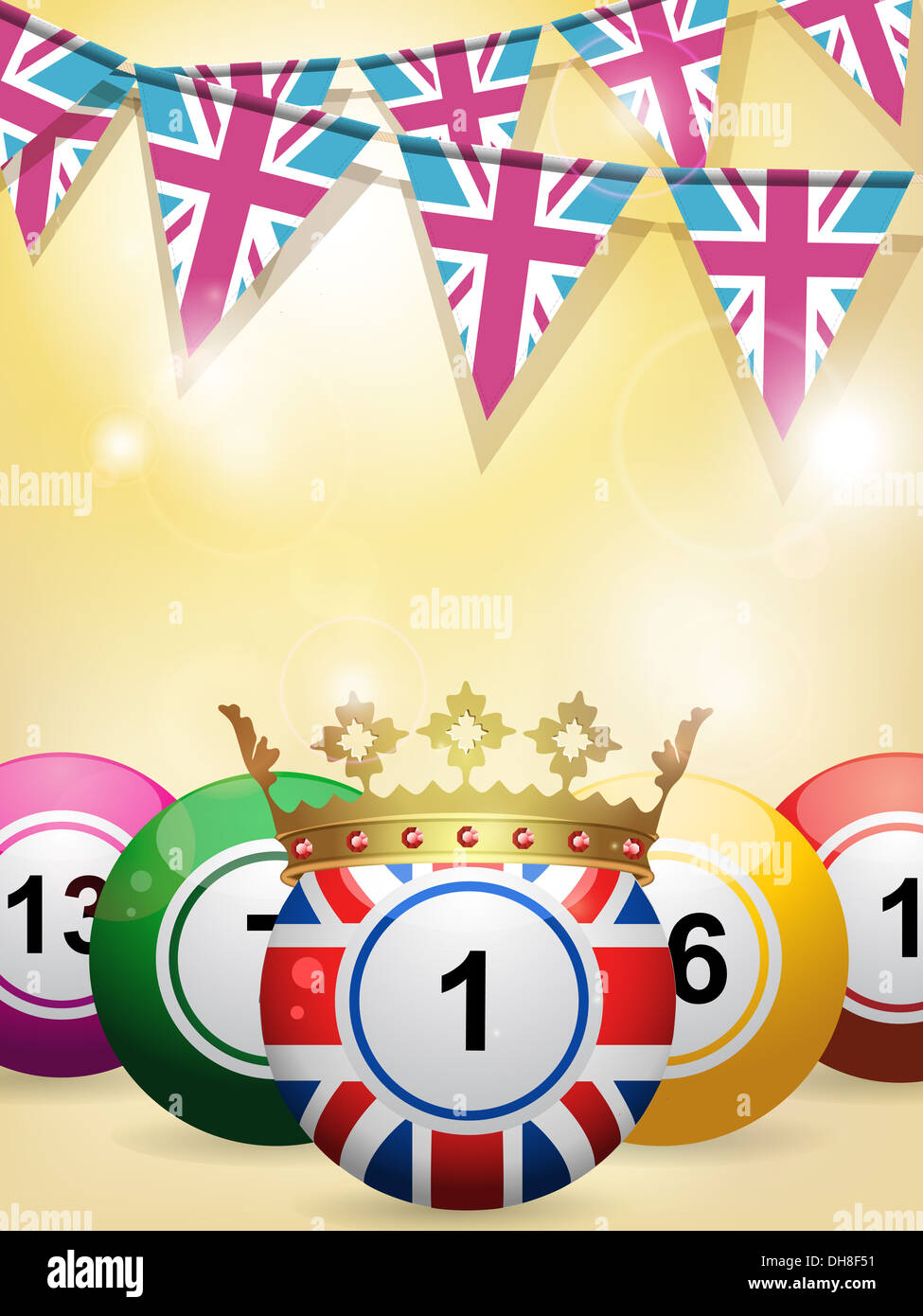 union jack bingo ball with crown on a glowing background with union ...