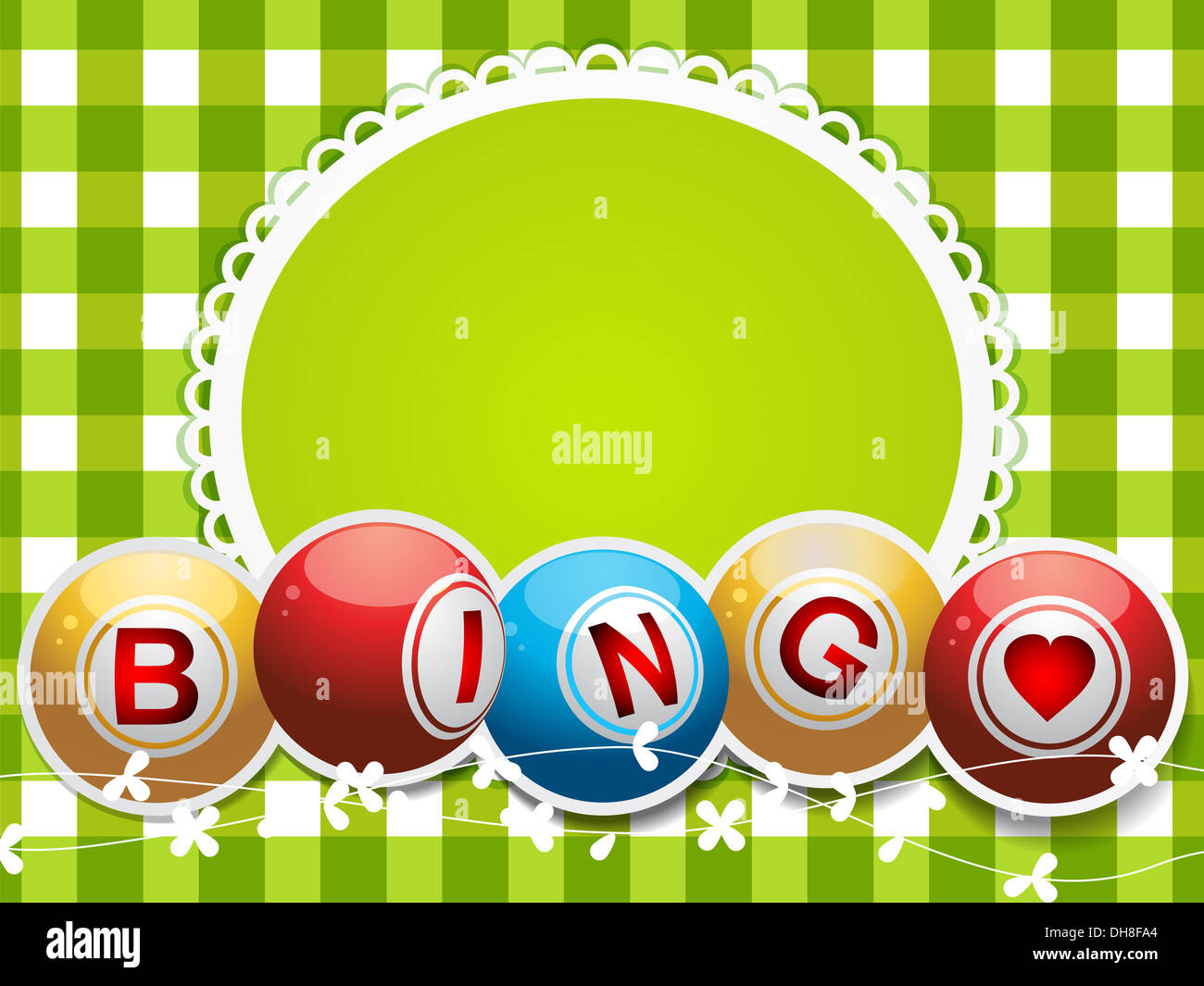 bingo ball sticker on a green gingham background with border area for ...