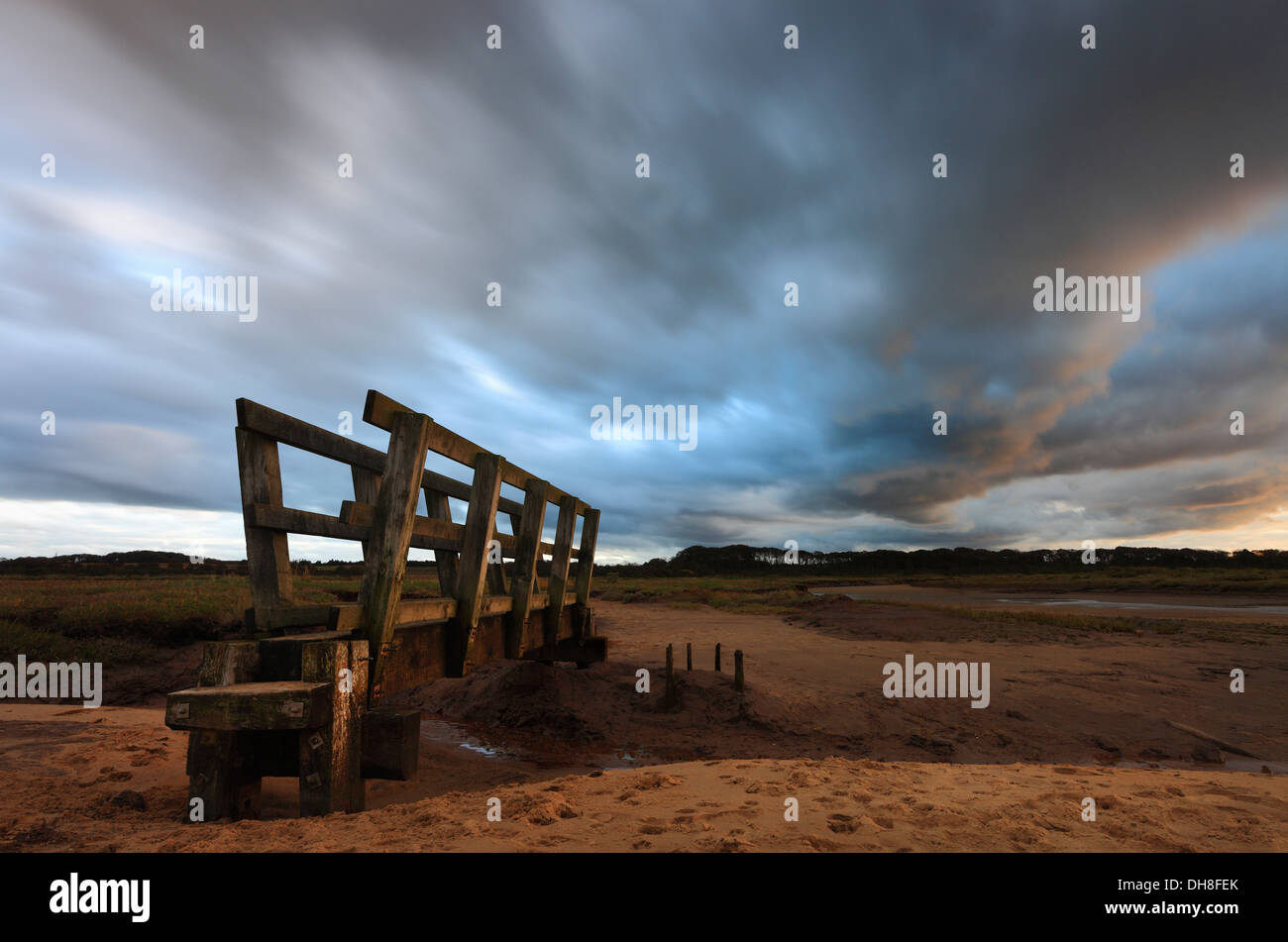 Footbridge over a creek on Stiffkey Marshes on the North Norfolk coast ...