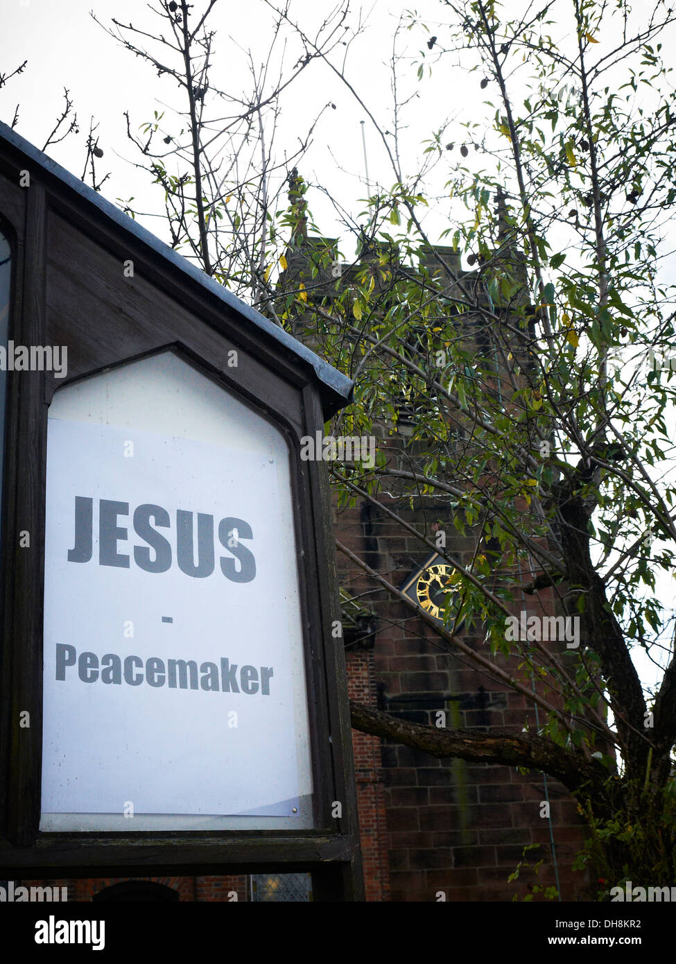 Jesus Peacemaker sign at St Luke`s Church in Holmes Chapel Cheshire UK ...