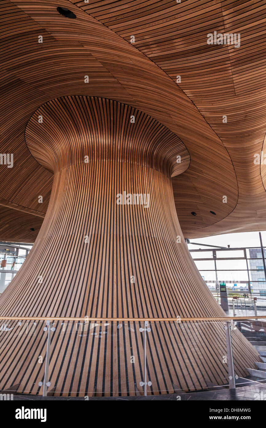 The timber ceiling and funnel in the Oriel, part of the Welsh National ...
