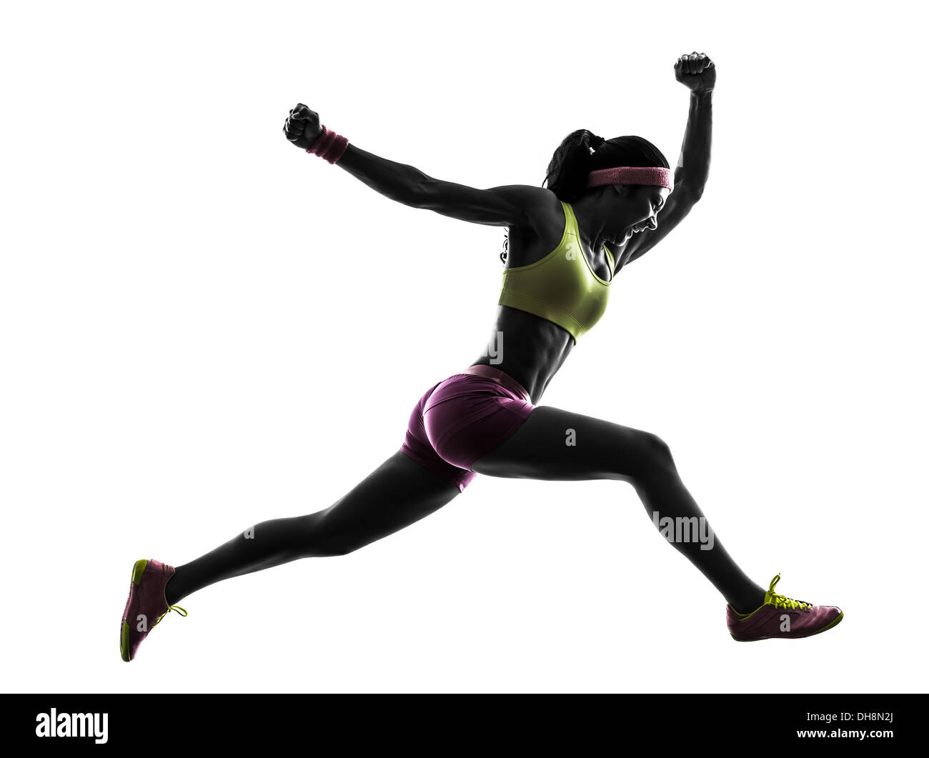 one woman runner running jumping shouting in silhouette on white ...