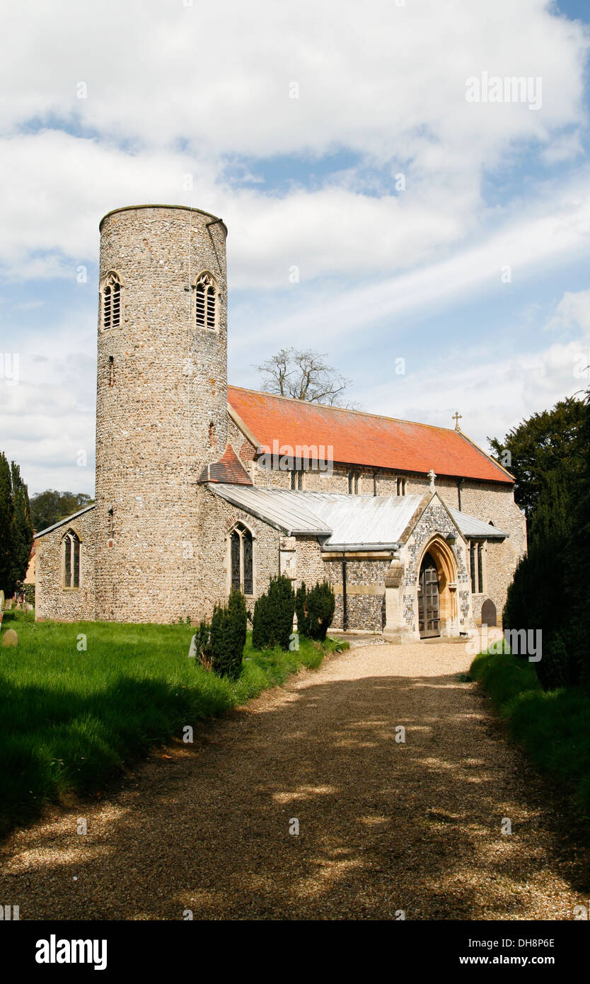 flint built round tower St Andrews Church Letheringsett Norfolk England ...