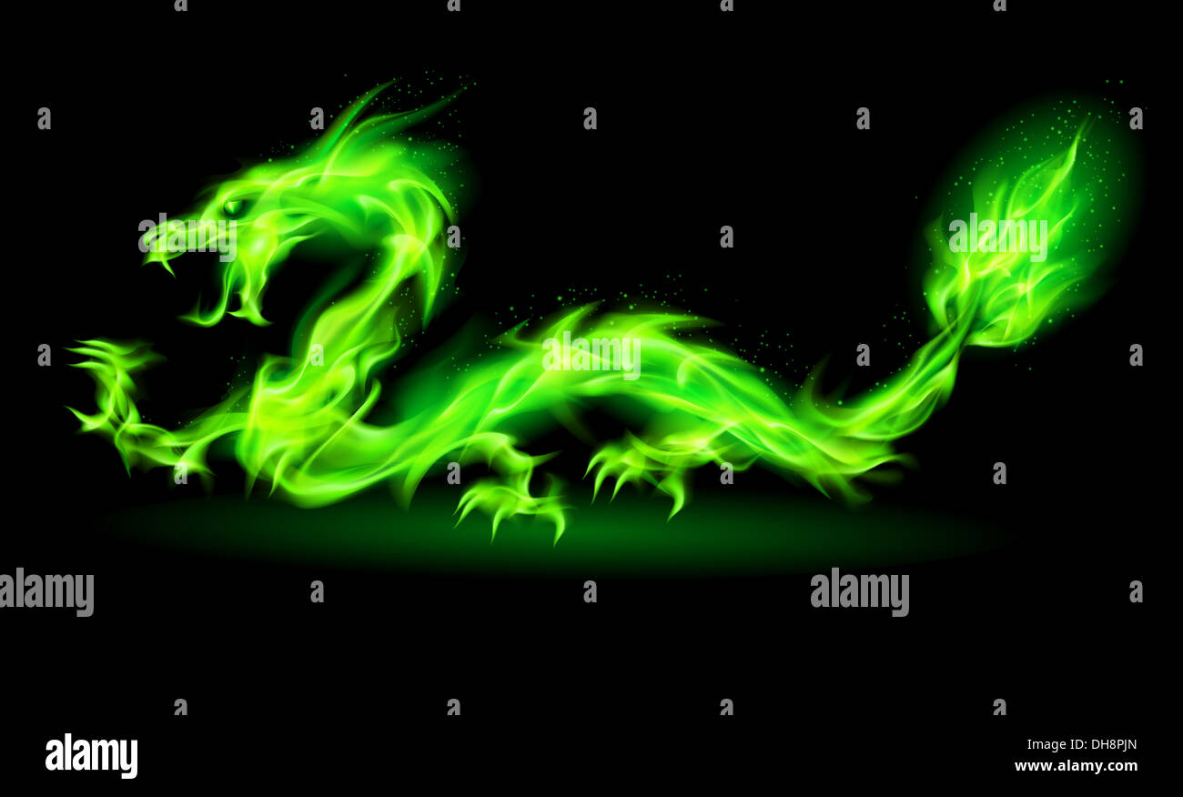 Fire Chinese dragon in green on black background Stock Photo - Alamy