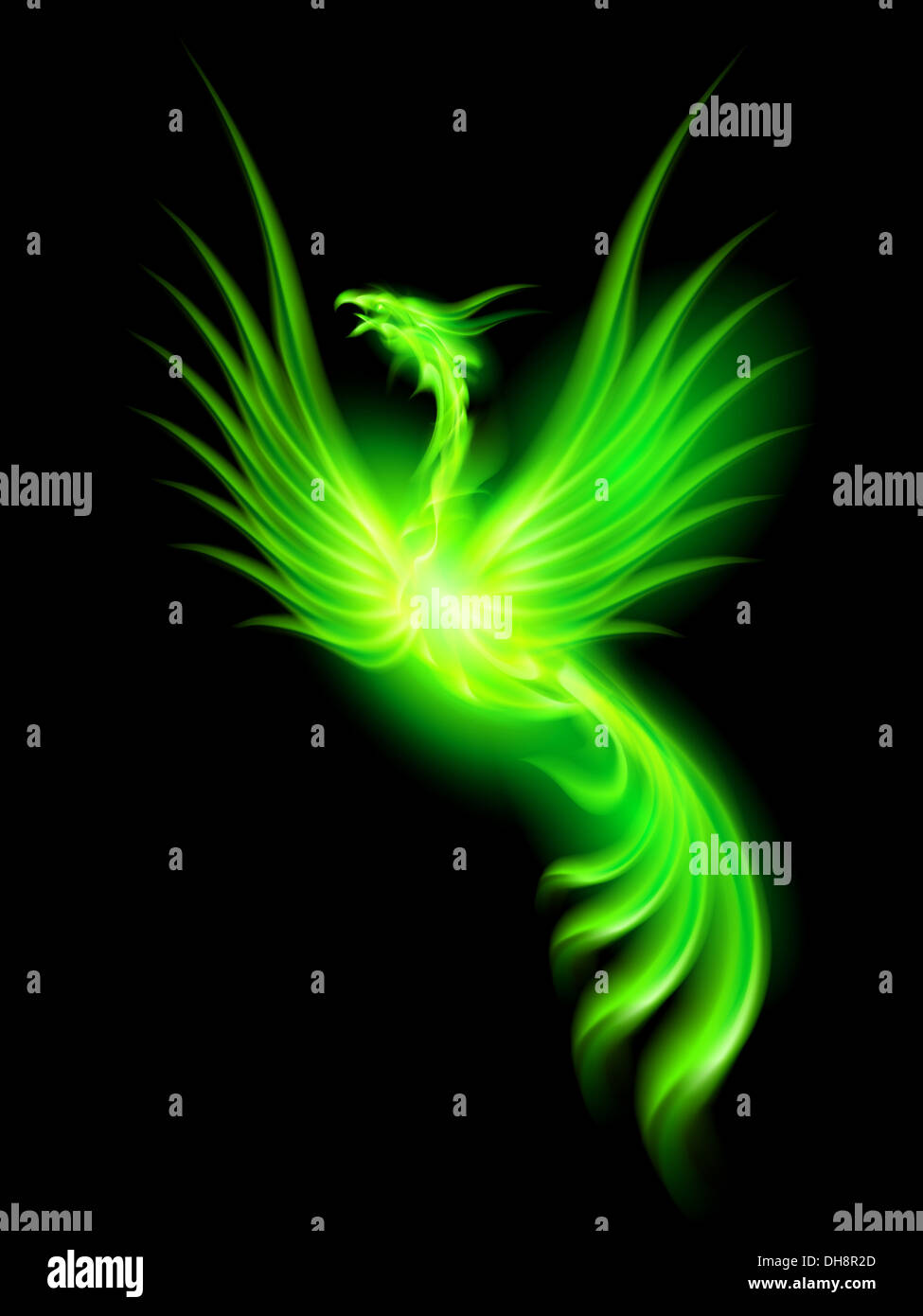 Illustration of green fire Phoenix on black background Stock Photo - Alamy