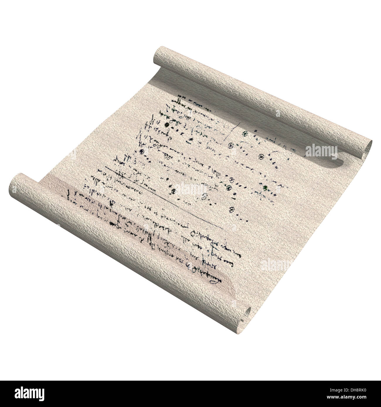 3D digital render of a scroll of old parchment isolated on white ...