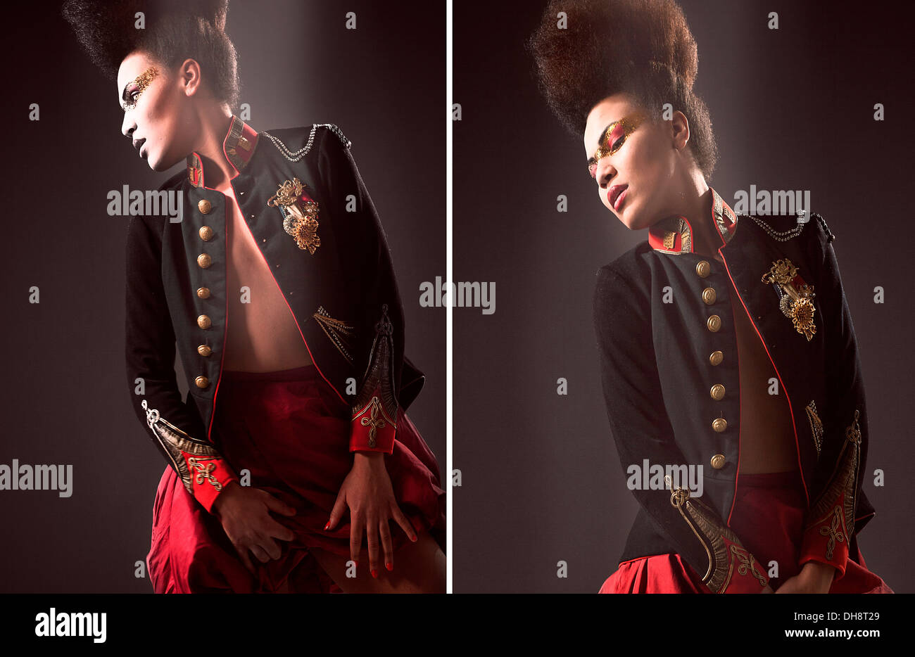 A mixed race European female age 20-25 wearing military style haute ...