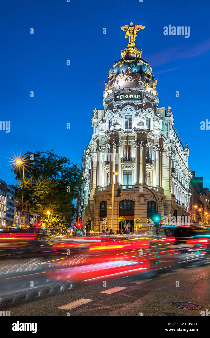 Rays of traffic lights on Gran via street, main shopping street in ...