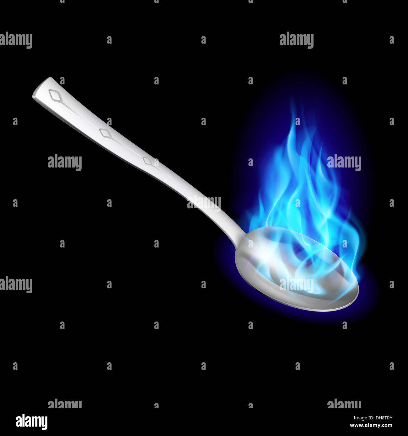 Metal spoon with blue fire on black background Stock Photo - Alamy