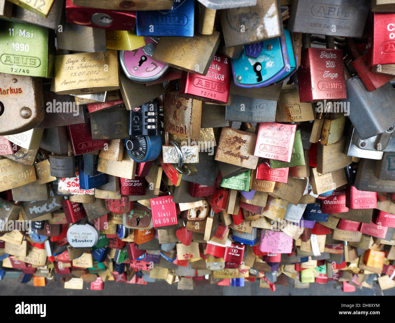 Padlocks attached to the railway bridge in Cologne Germany as love ...