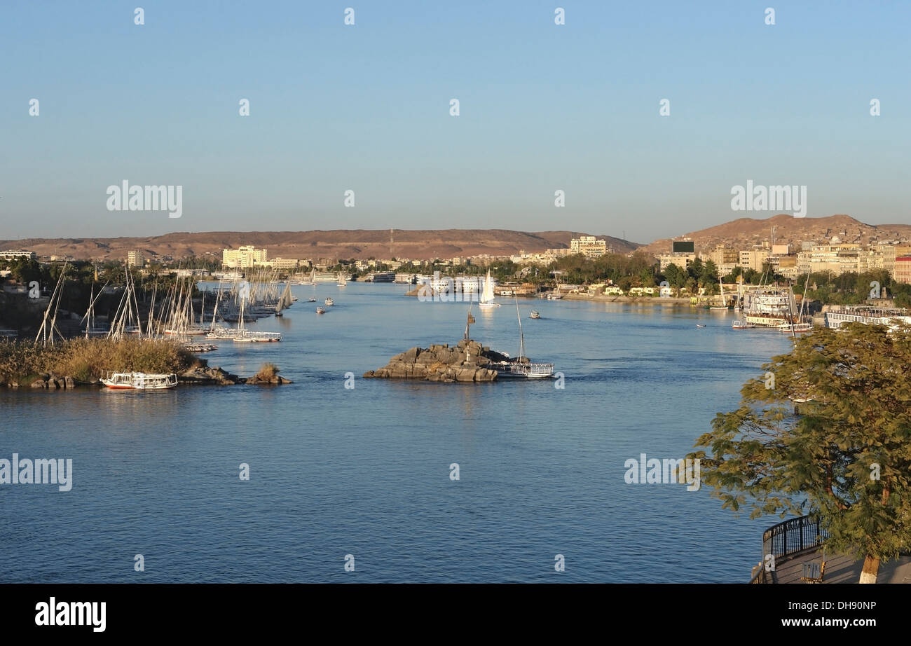 waterside scenery including River Nile in Egypt (Africa) at evening ...